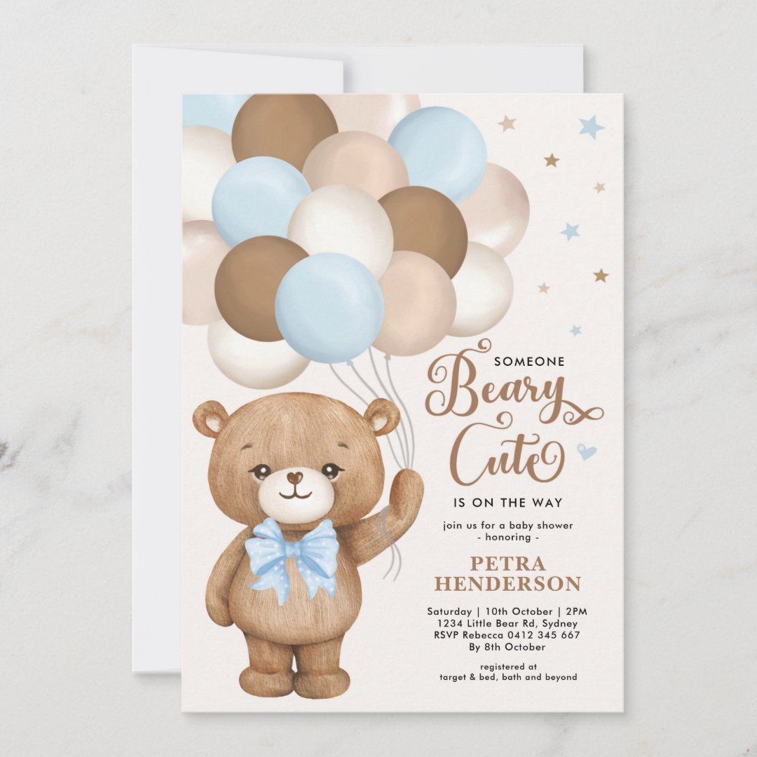 Blue Brown Beary Cute Teddy Bear Boy Baby Shower Invitation | Zazzle
