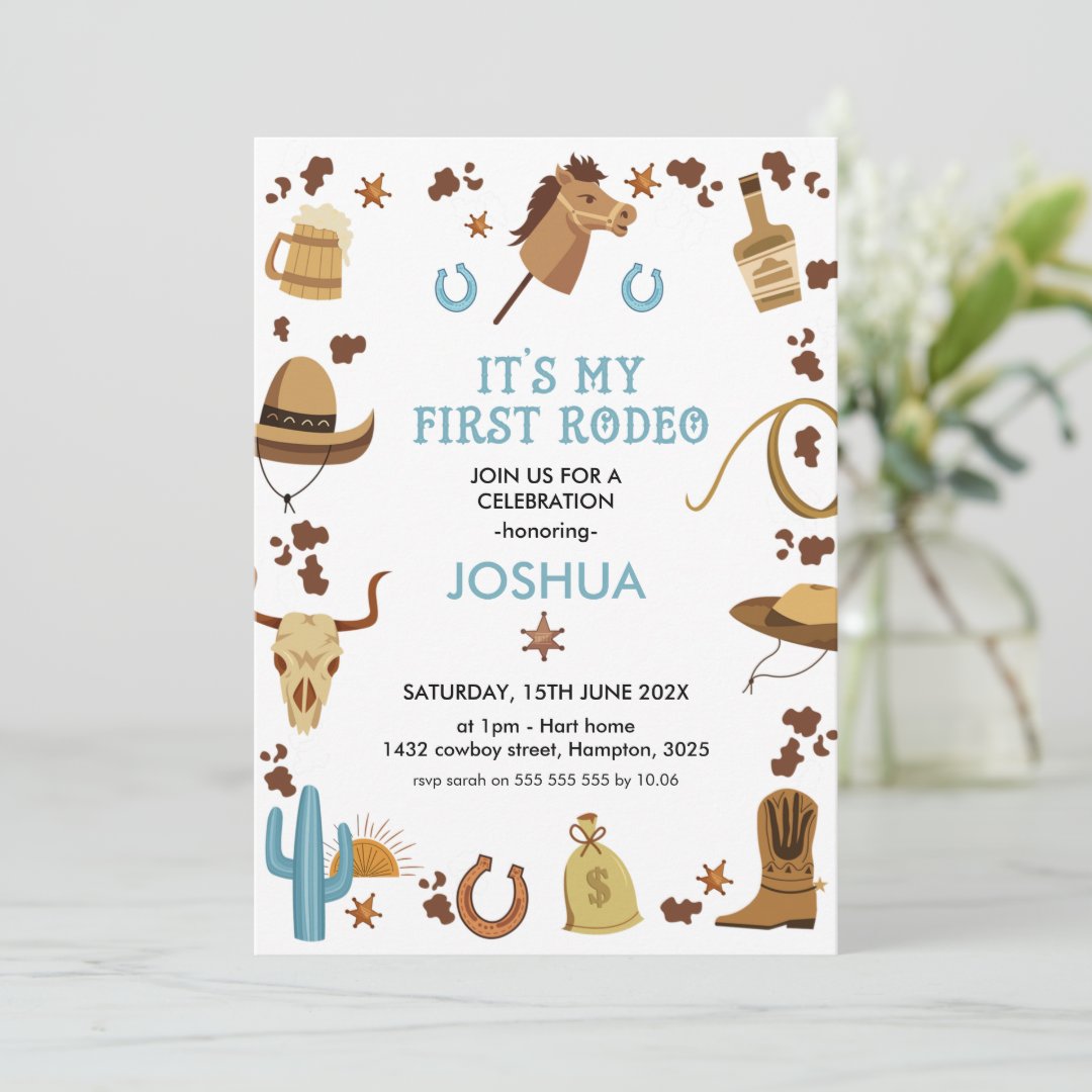 Blue Brown My First Rodeo Cowboy 1st Birthday In Invitation | Zazzle