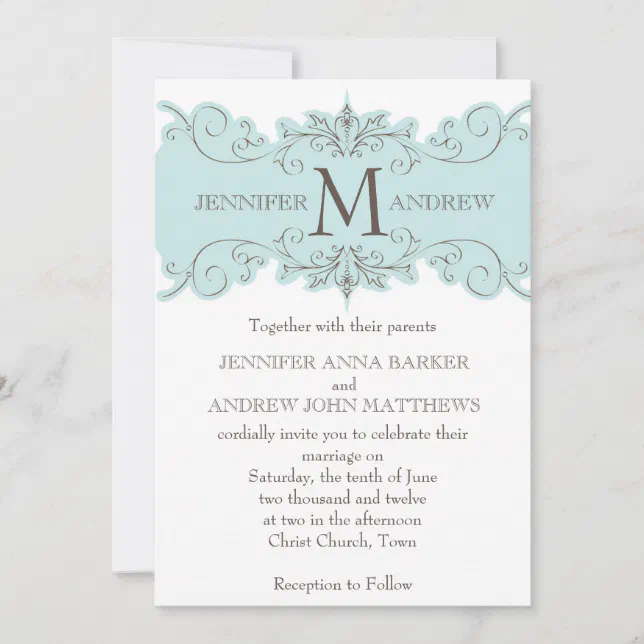 Blue Brown Swirl Monogram Wedding Invitations | Zazzle