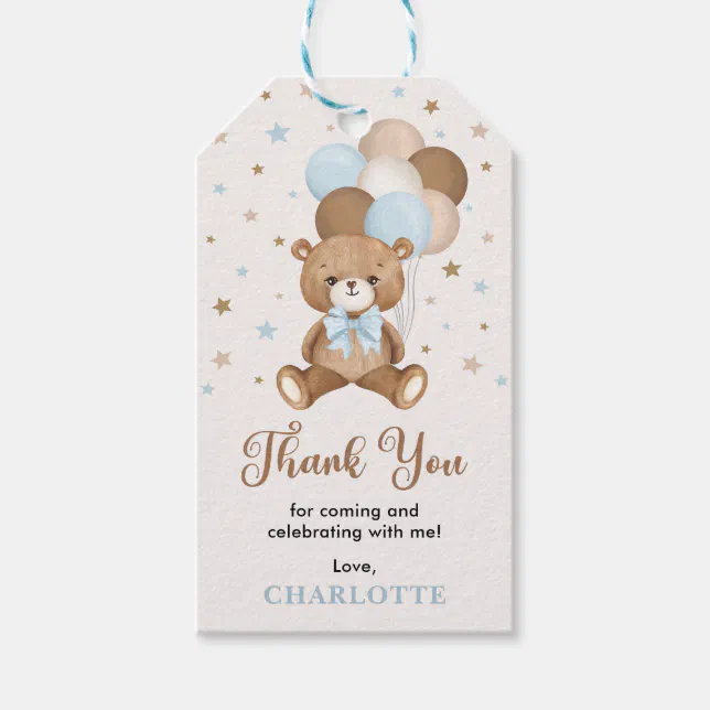 Blue Brown Teddy Bear Baby Shower Thank You Gift Tags | Zazzle