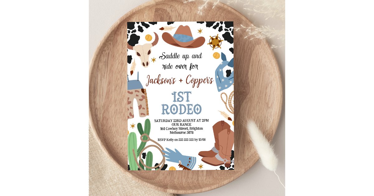 Blue Brown Twin Boys First Rodeo 1st Birthday Invitation | Zazzle