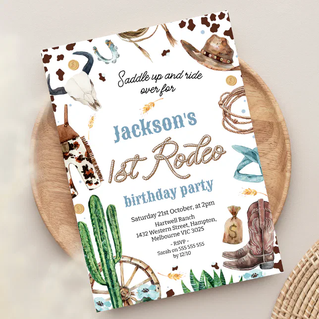 Blue Brown Western First Rodeo 1st Birthday Invitation | Zazzle