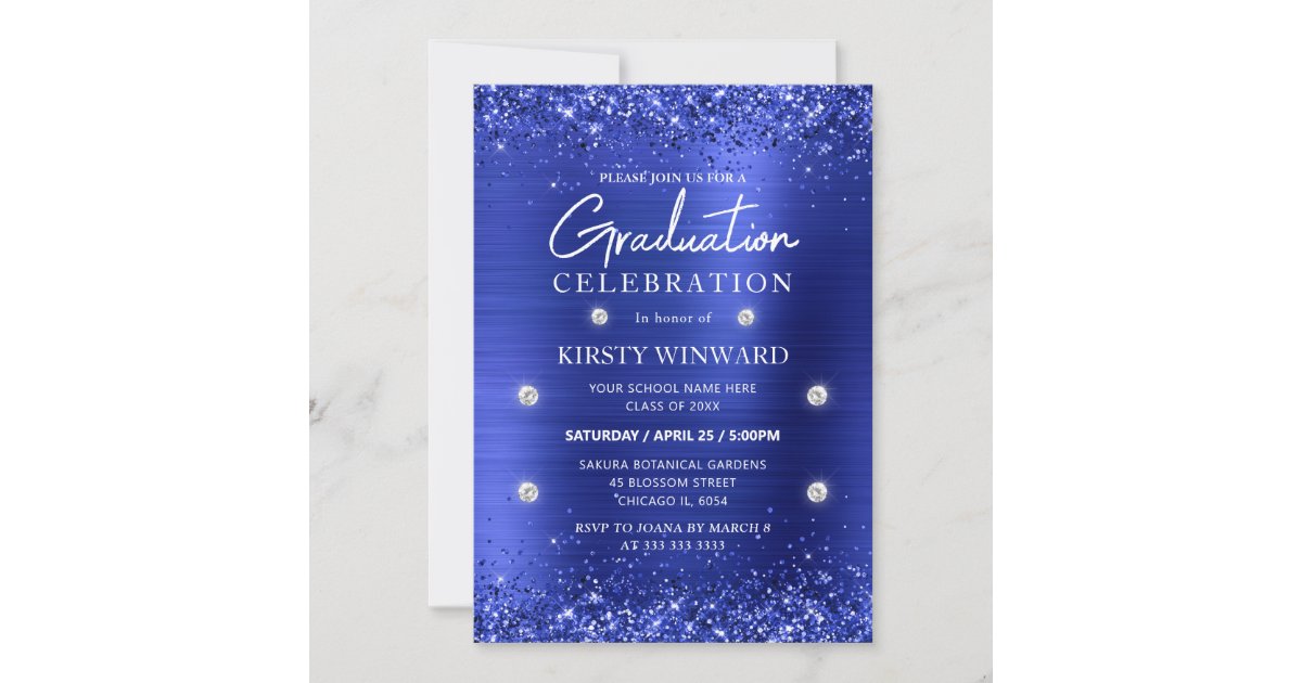 Blue Brushed Metal and Glitter Graduation Invitation | Zazzle