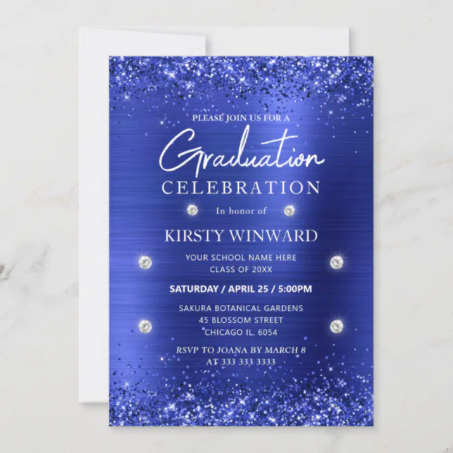 Blue Brushed Metal and Glitter Graduation Invitation | Zazzle