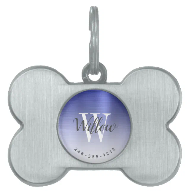 Blue Brushed Metal Monogram Ombre Dog Bone Pet ID Tag | Zazzle