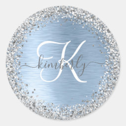 Blue Brushed Metal Silver Glitter Monogram Name Classic Round Sticker ...