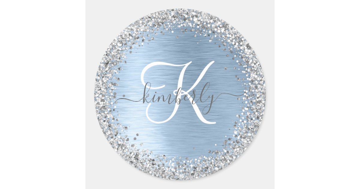 Blue Brushed Metal Silver Glitter Monogram Name Classic Round Sticker ...