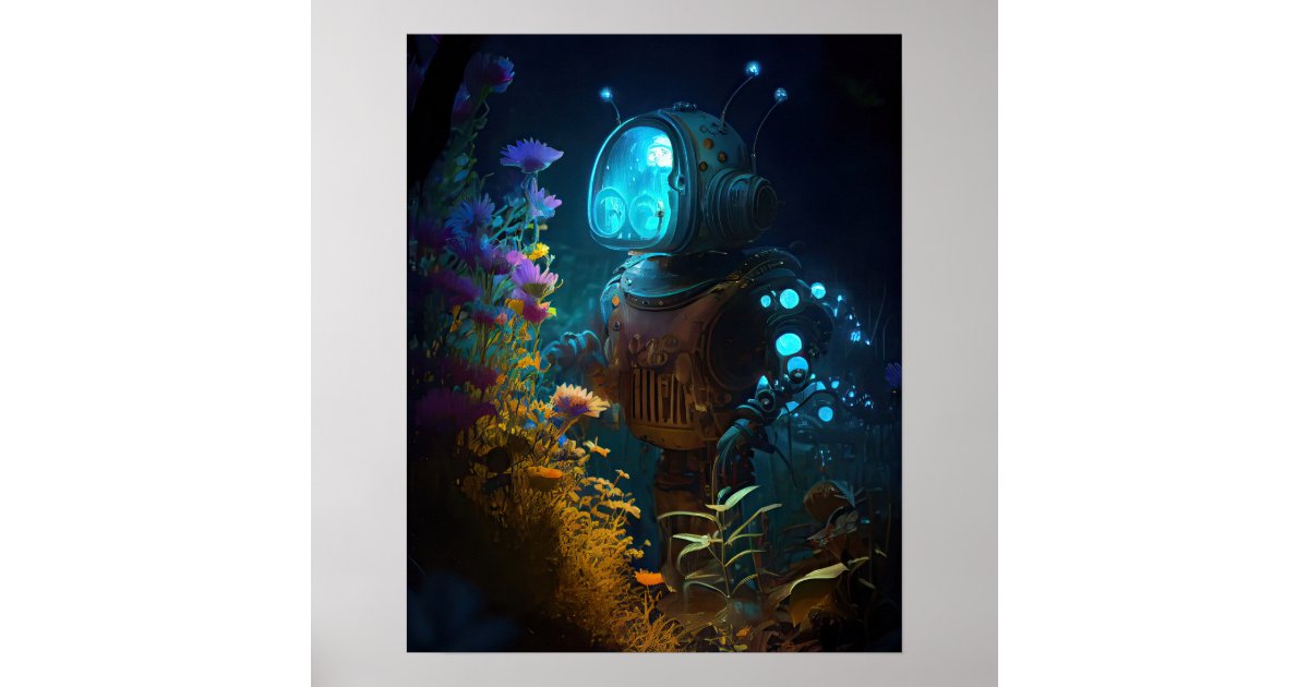 Blue Bubbles Bot & Flowers Poster | Zazzle