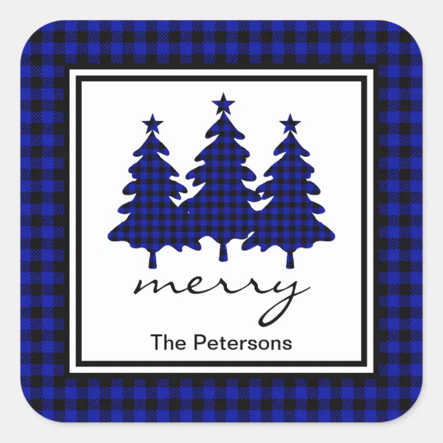 Blue Buffalo Check Pine Trees Personalized Square Sticker | Zazzle