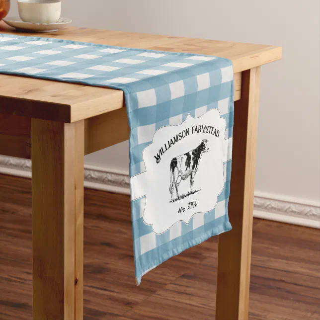 Blue Buffalo Plaid Farm Cow Short Table Runner | Zazzle