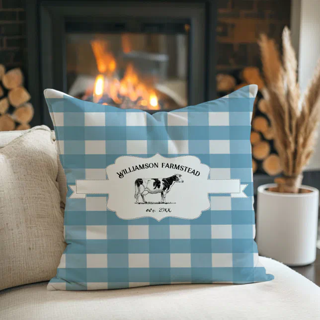 Blue Buffalo Plaid Farm Cow Throw Pillow | Zazzle