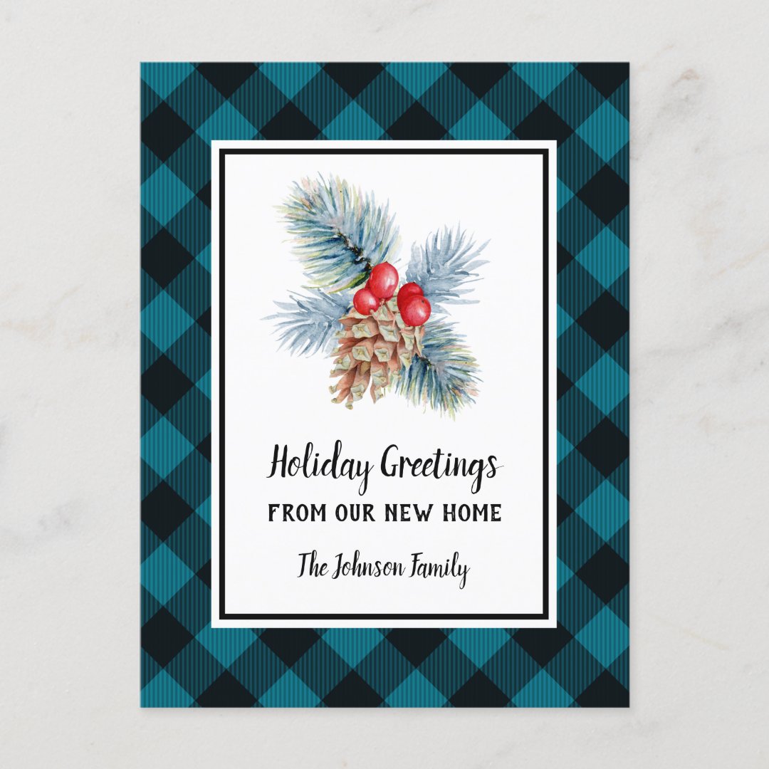Blue Buffalo Plaid Holiday Greetings from New Home Announcement ...