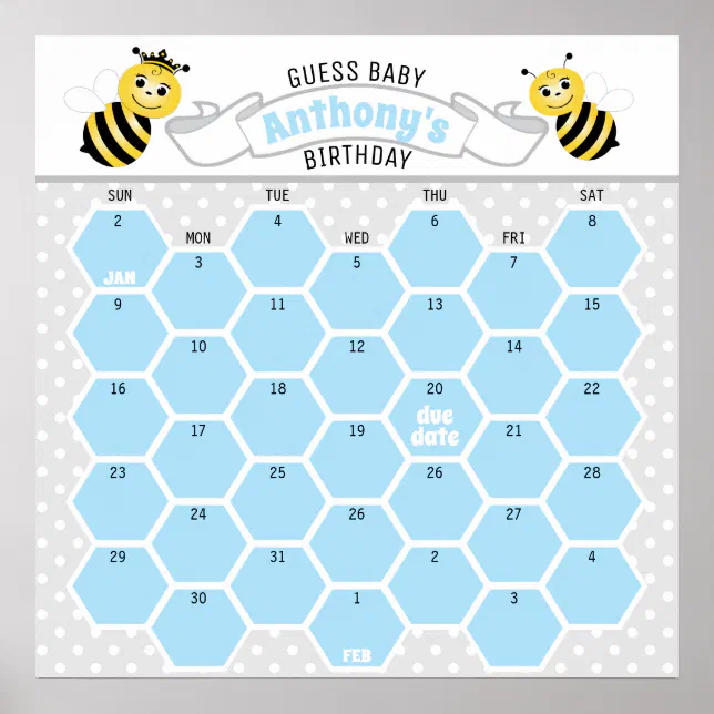 Blue Bumble Bee Baby Birthday Prediction Calendar Poster | Zazzle