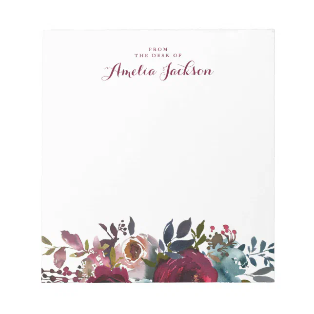 Blue Burgundy Floral Personalized Stationery Notepad | Zazzle