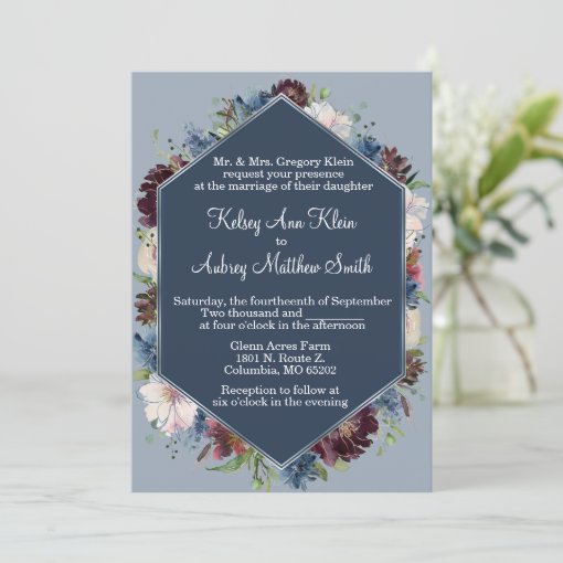 Blue & Burgundy Geometric Floral Invitation | Zazzle