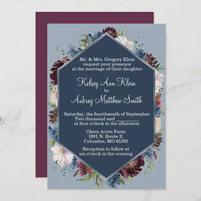 Blue & Burgundy Geometric Floral Invitation | Zazzle