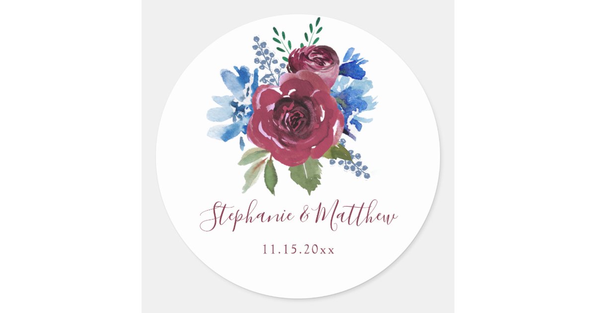 Blue Burgundy Watercolor Floral Wedding Classic Round Sticker | Zazzle