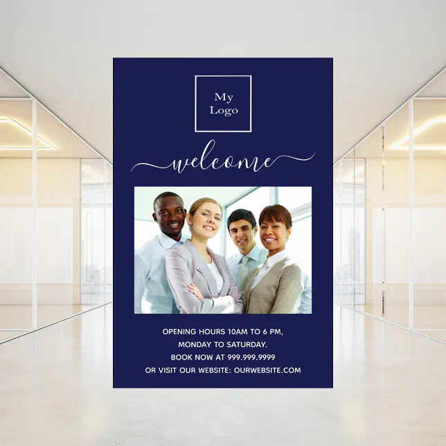 Blue business logo photo welcome opening hours poster | Zazzle