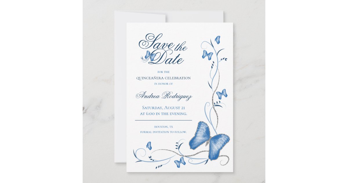 Blue Butterflies & Swirls Save the Date | Zazzle