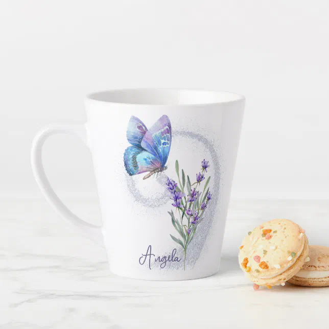 Blue Butterfly and Lavender Personalized Latte Mug | Zazzle