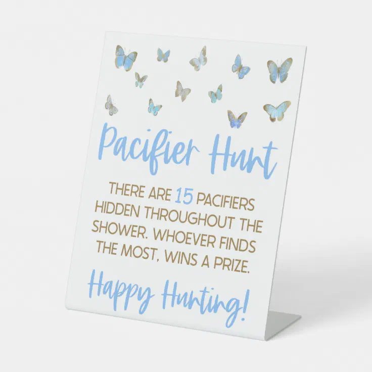Blue Butterfly Baby Shower Pacifier Hunt Game Pedestal Sign | Zazzle