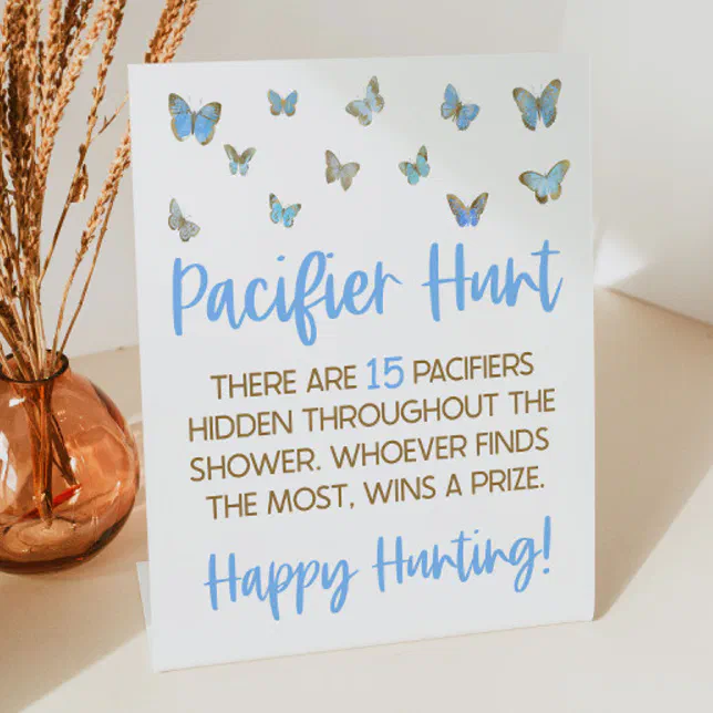 Blue Butterfly Baby Shower Pacifier Hunt Game Pedestal Sign | Zazzle