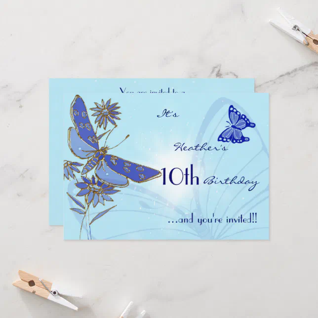 Blue Butterfly Birthday Invitation Card | Zazzle