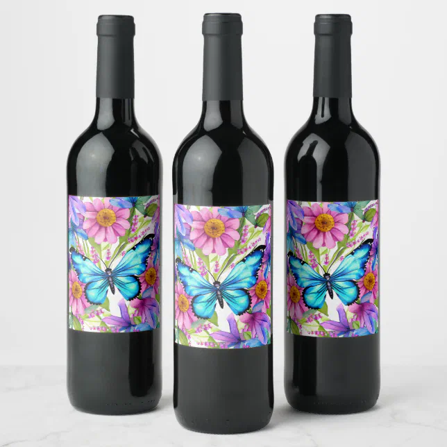 Blue Butterfly In a Field of Flowers Wine Label | Zazzle