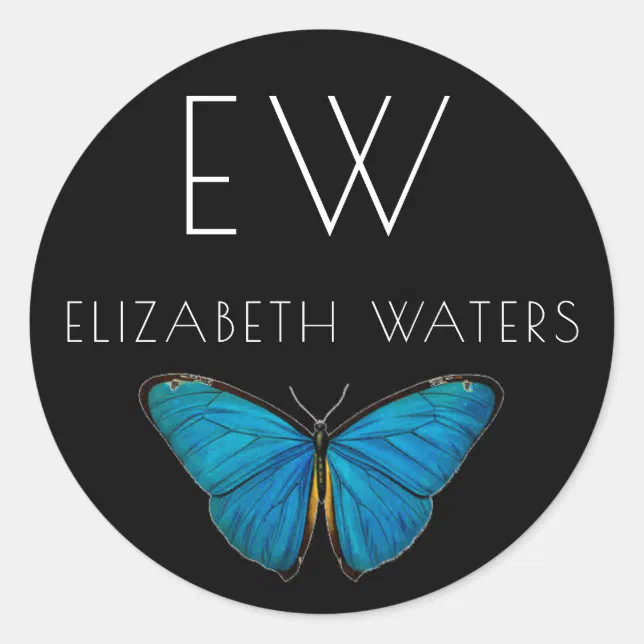 BLUE BUTTERFLY ROUND CUSTOM NAME STICKER | Zazzle