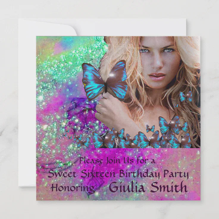 BLUE BUTTERFLY SWEET 16 PARTY MONOGRAM,Champagne Invitation | Zazzle