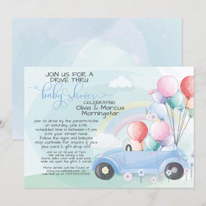 Blue Car Balloons Drive Thru Baby SHower Invitation | Zazzle.com