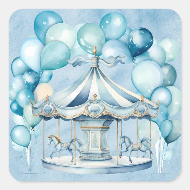 Blue Carousel with Arch Balloons Boy Baby Shower Square Sticker | Zazzle
