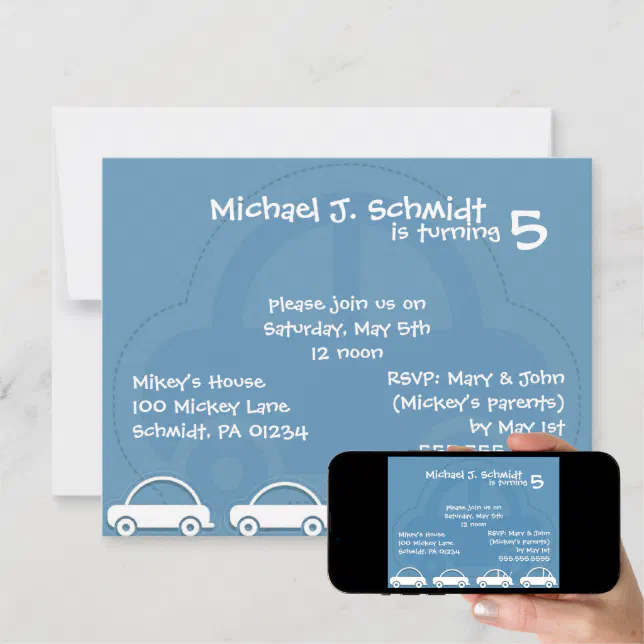Blue Cars Card Boy's Birthday Invitations | Zazzle