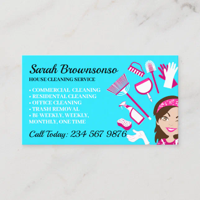 Blue Cartoon Lady Janitorial cleaning maintenance Business Card | Zazzle