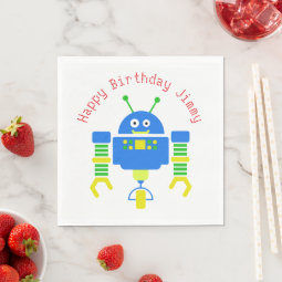 Blue Cartoon Robot Birthday Party Paper Napkins | Zazzle