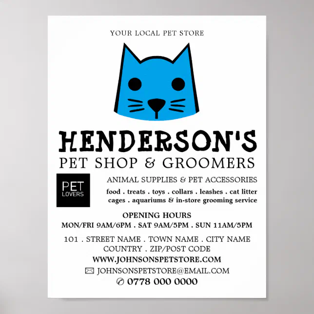 Blue Cat, Pet Store & Groomers Advertising Poster | Zazzle