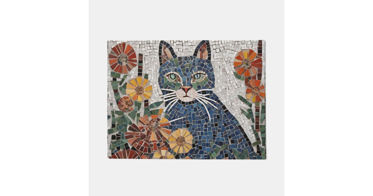 Blue Cat with Flowers Tiled Mosaic Doormat | Zazzle