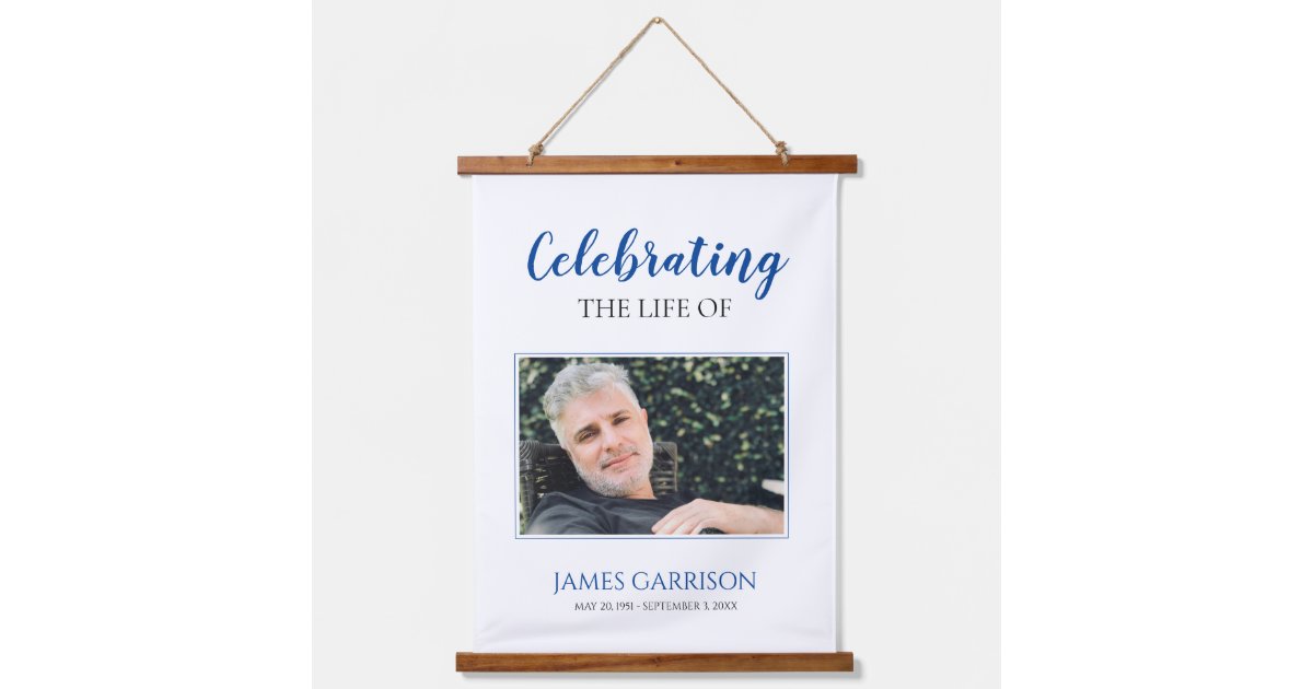 Blue Celebration Of Life Photo Memorial Funeral Hanging Tapestry | Zazzle