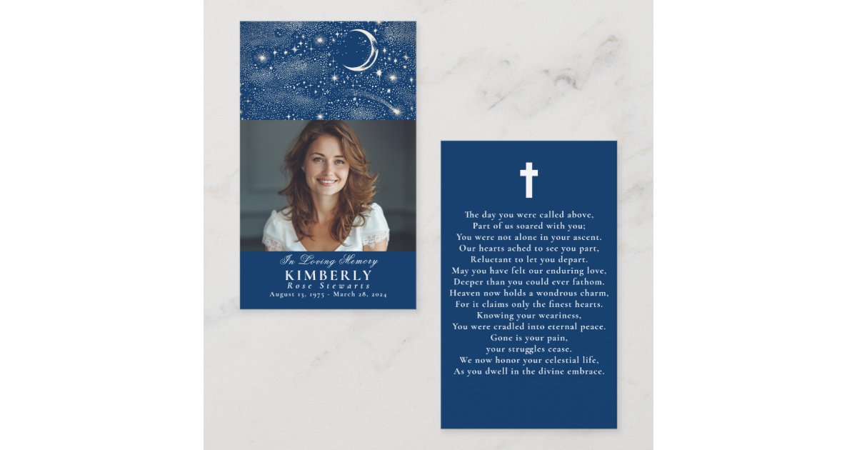 Blue Celestial Funeral Memorial Prayer Photo Card | Zazzle