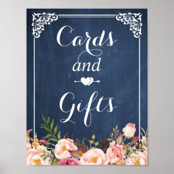 Blue Chalkboard Floral Cards and Gifts Sign | Zazzle