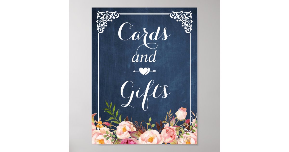 Blue Chalkboard Floral Cards and Gifts Sign | Zazzle