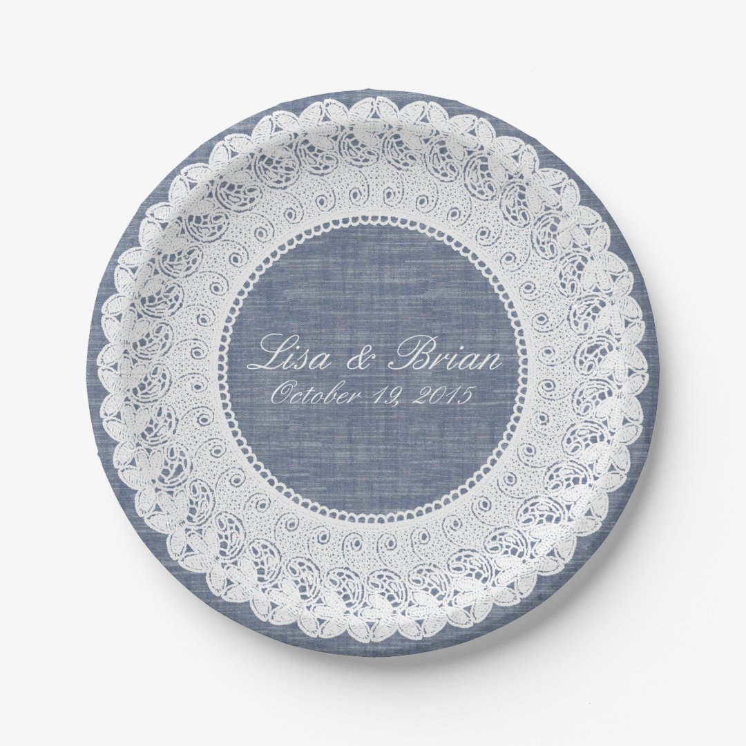 Blue chambray denim & lace custom paper plate | Zazzle