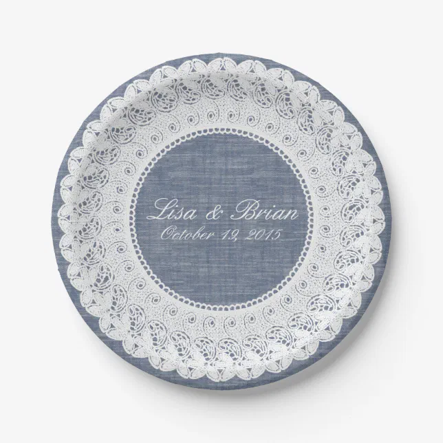 Blue chambray denim & lace custom paper plate | Zazzle