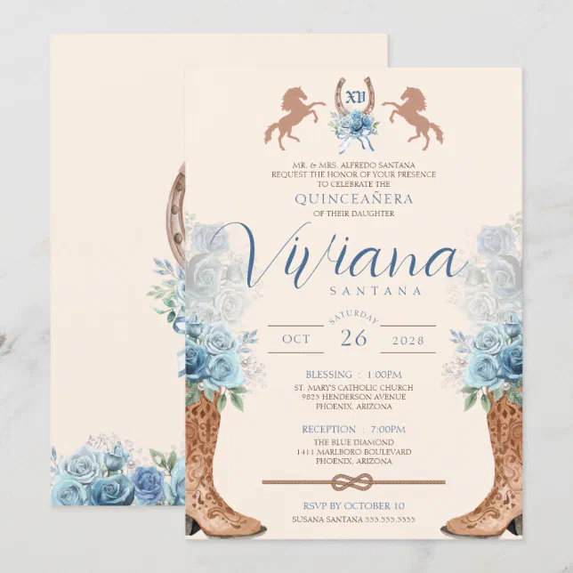 Blue Charro Western Roses Quinceanera Invitation | Zazzle