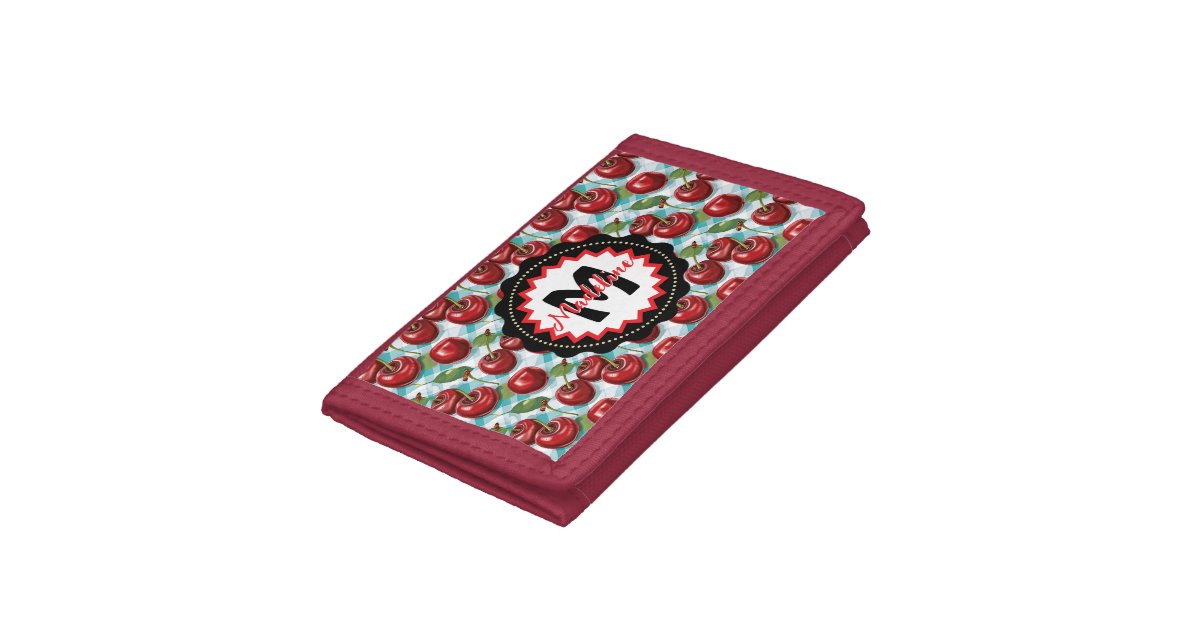 Blue Checkered Plaid Cherry Pattern Personalized Trifold Wallet | Zazzle