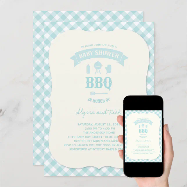 Blue Checks BBQ Boy Baby Shower Summer Party Invitation | Zazzle