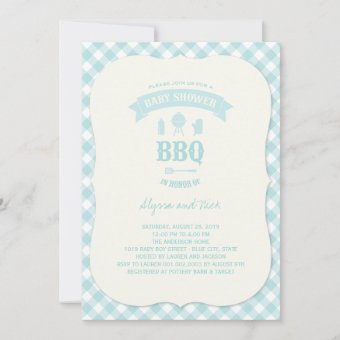 Blue Checks BBQ Boy Baby Shower Summer Party Invitation | Zazzle