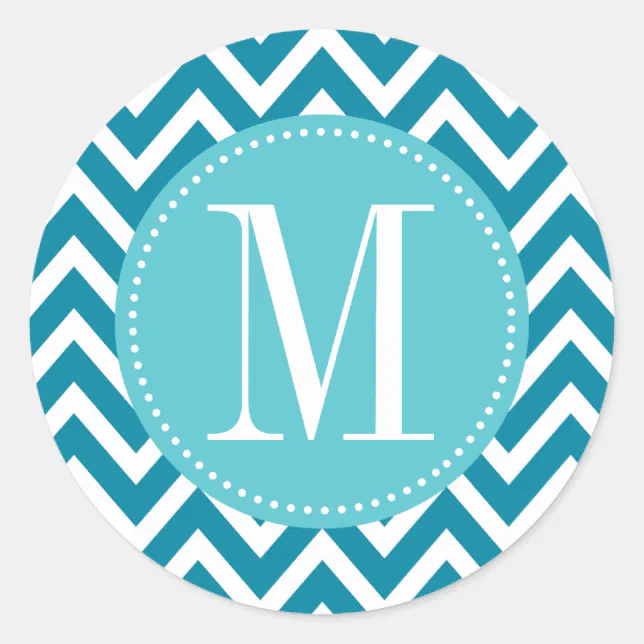 Blue Chevron Custom Monogram Classic Round Sticker | Zazzle
