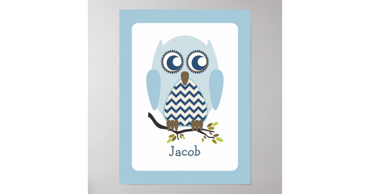 Blue + Chevron Owl Personalized Nursery Artwork Poster | Zazzle