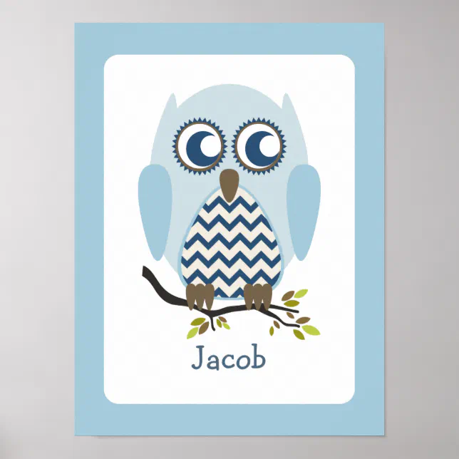 Blue + Chevron Owl Personalized Nursery Artwork Poster | Zazzle